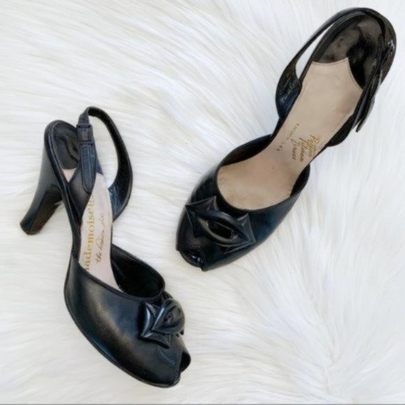 Vintage | Shoes | Vintage 4s 50s Black Peep Toe Slingback Pin Up ...